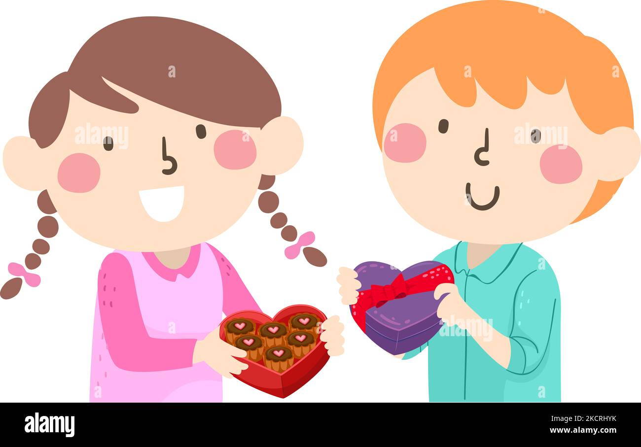 Illustration of Kids Exchanging Heart Shaped Chocolate Box on ...