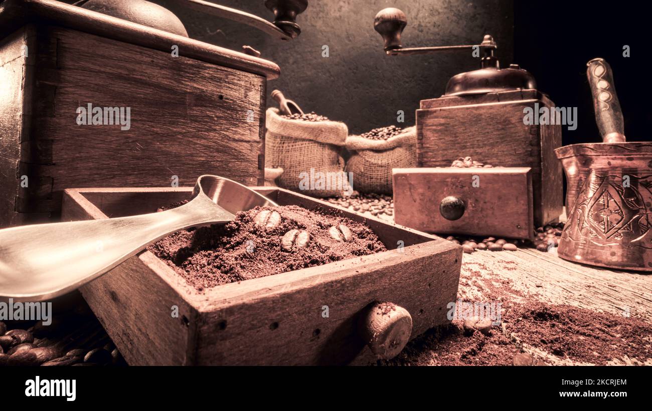 Arabic coffee beans in bag and grinder with ground coffee Stock Photo ...