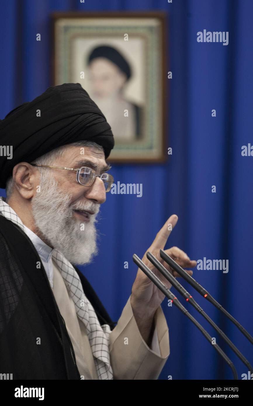 Iran's Supreme Leader Ayatollah Ali Khamenei gestures while speaking ...