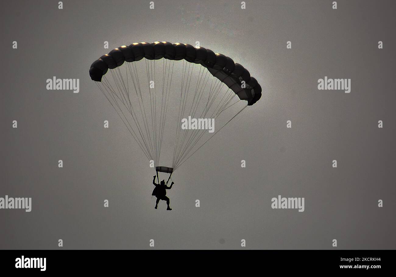 An Indian para trooper performs during a historical re-enactment of ...