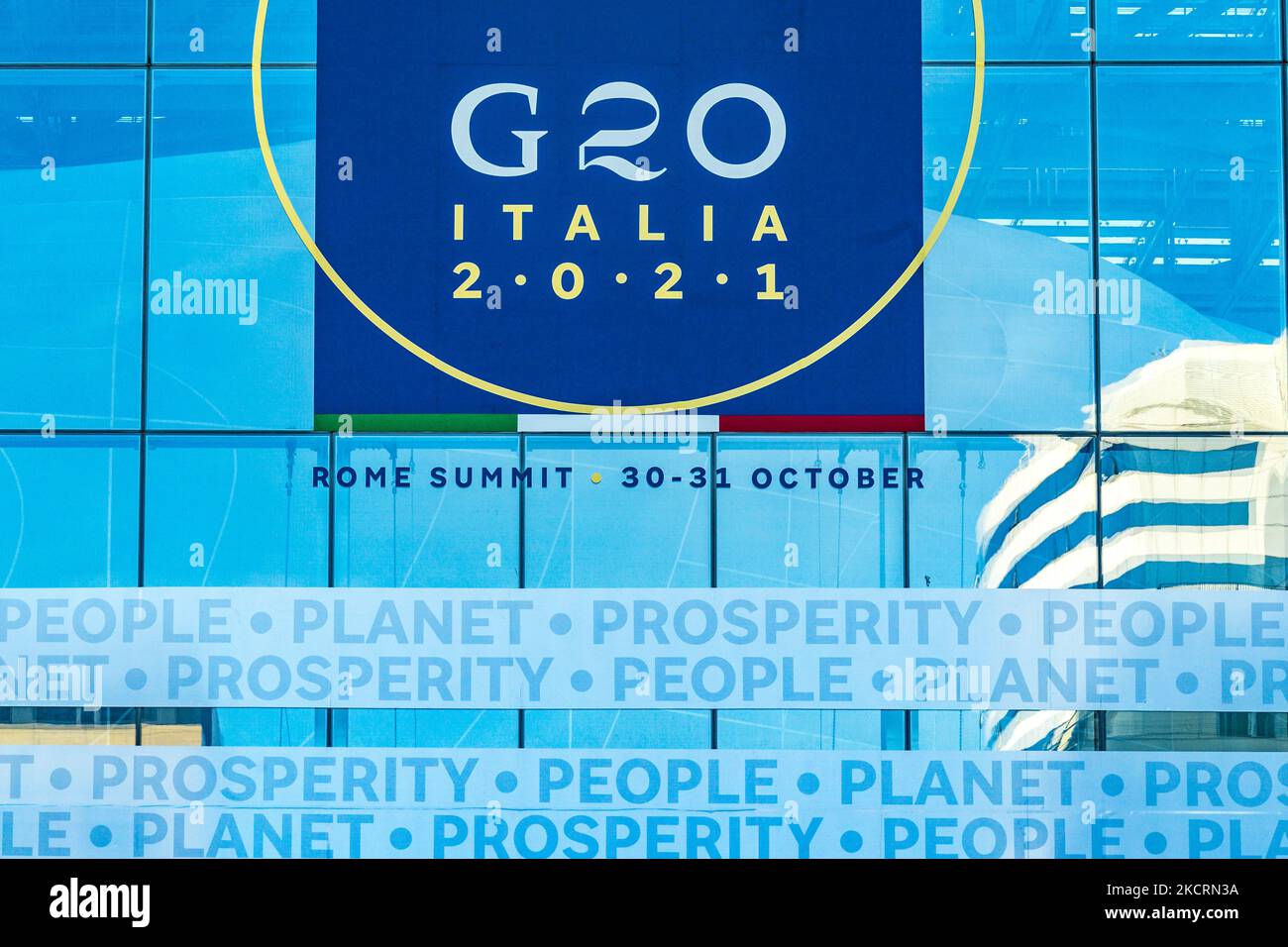 Huge banner announcing the G20 Summit in the glass wall of the Nuvola ...