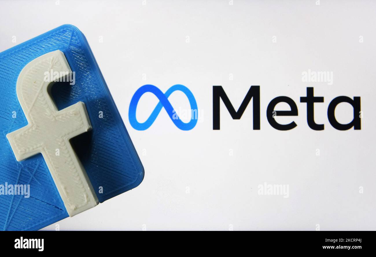Facebook logo and new company brand Meta Platforms Inc. logo are ...