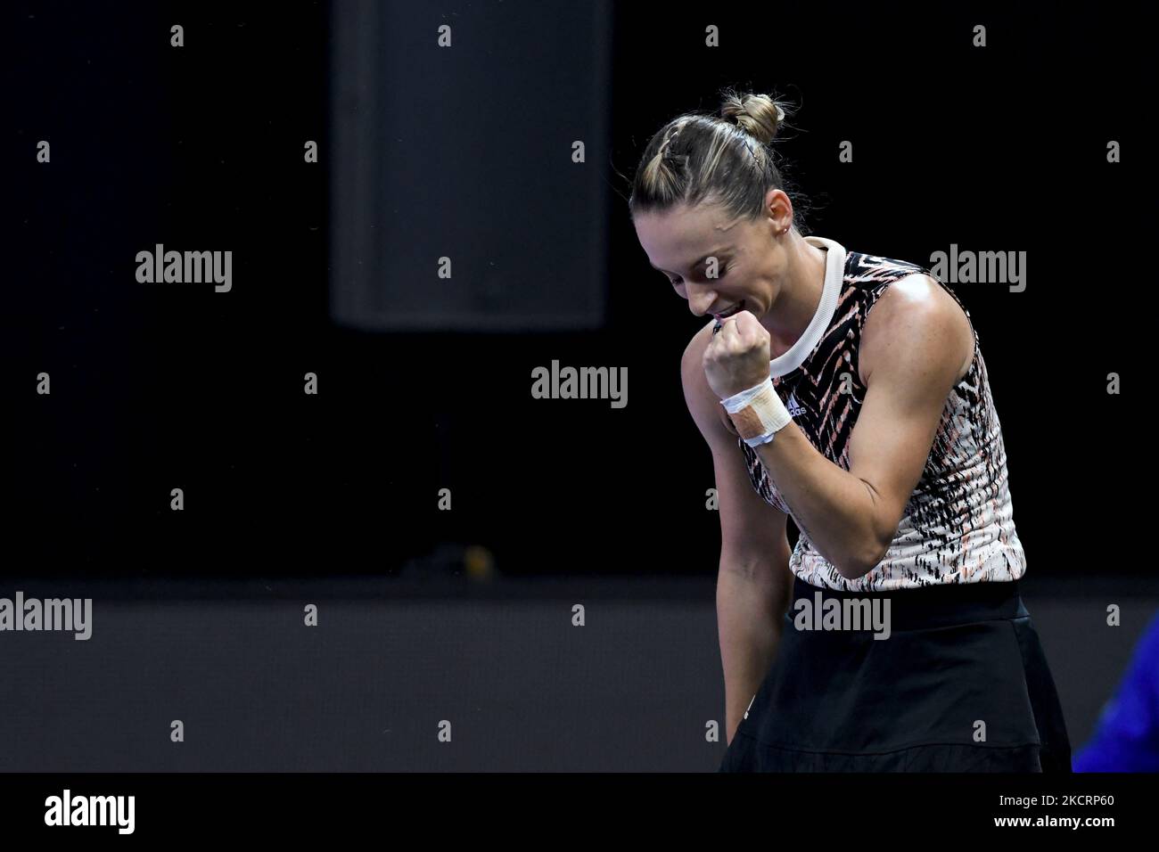 Portrait of Ana Bogdan celebrating after scoring during her match ...