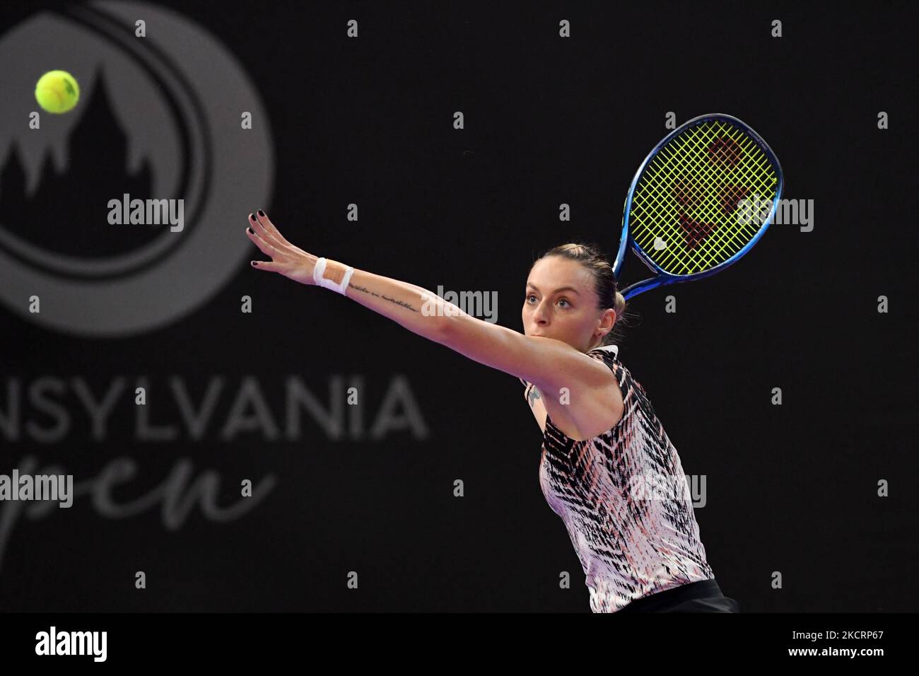 Ana Bogdan in action - serving the ball during her match against Emma ...