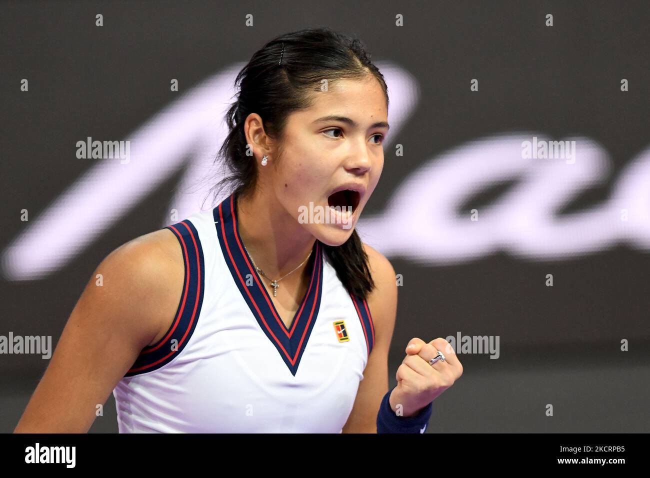 Portrait of Emma Raducanu in action celebrating after scoring during ...