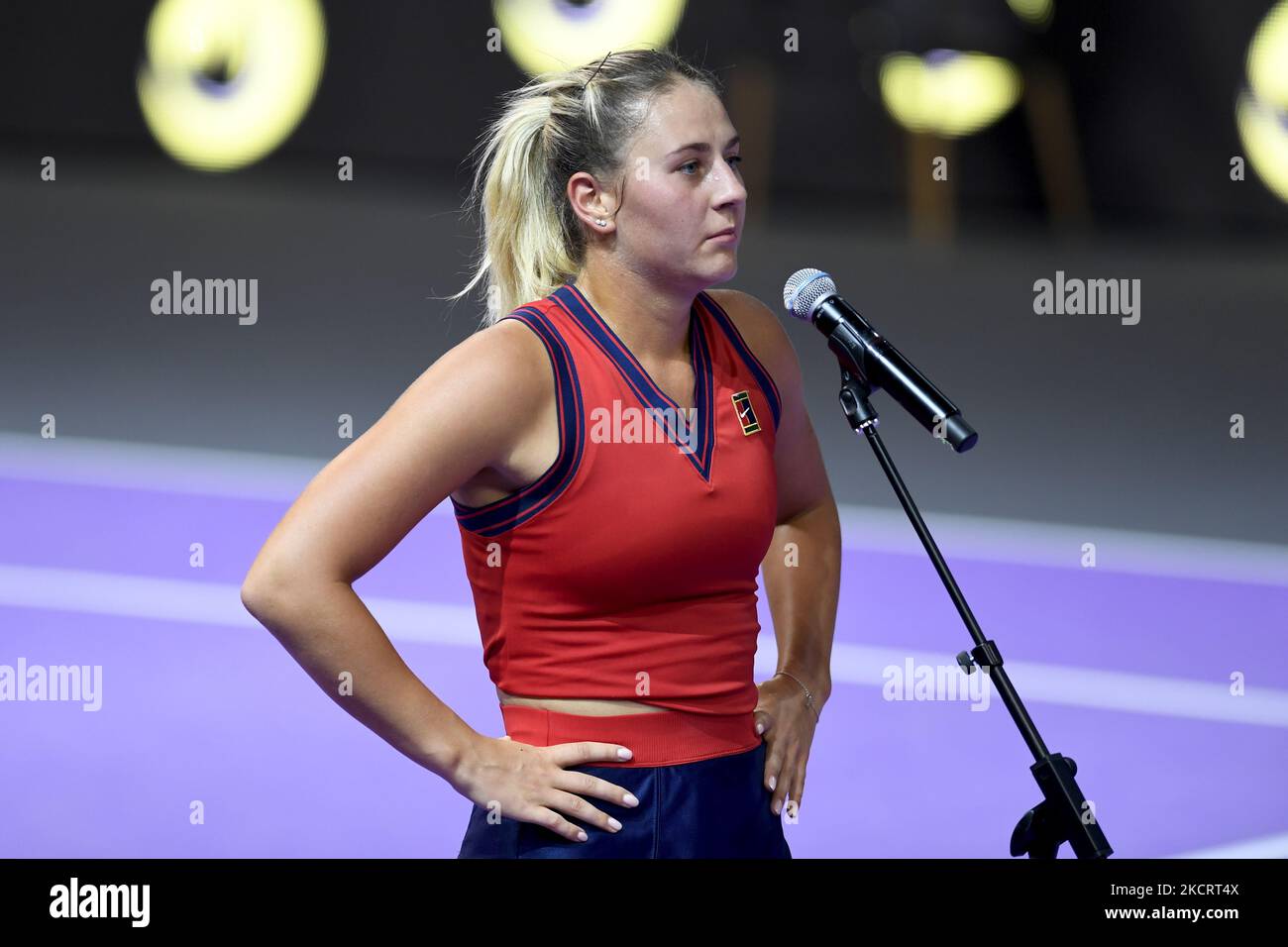 Portrait of Marta Kostyuk giving a speech after winning her first WTA ...