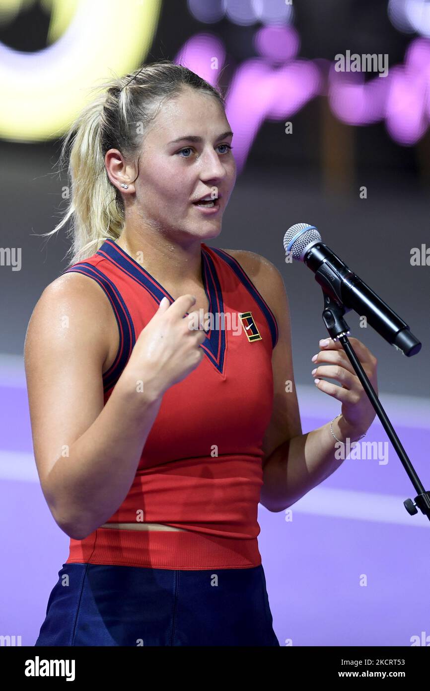 Portrait of Marta Kostyuk giving a speech after winning her first WTA ...