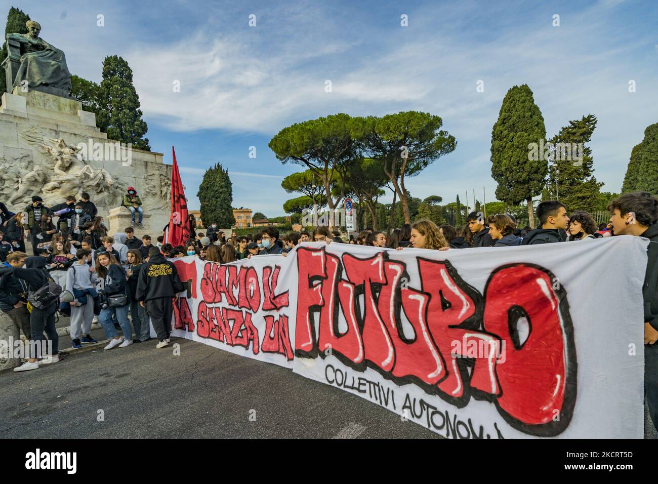 Banner asking for "future" during a demonstration in Rome against the ...