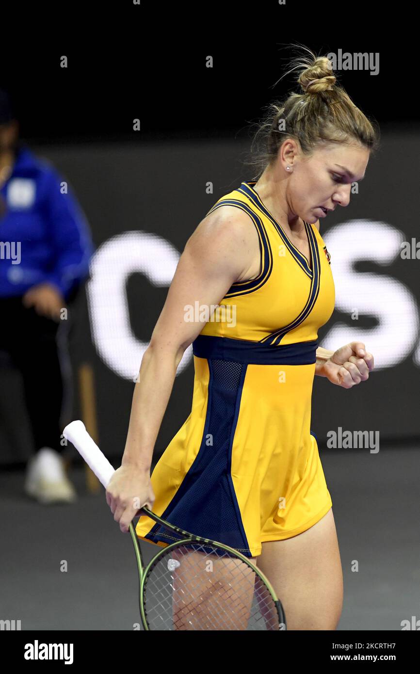 Portrait of Simona Halep celebrating after scoring during her match ...