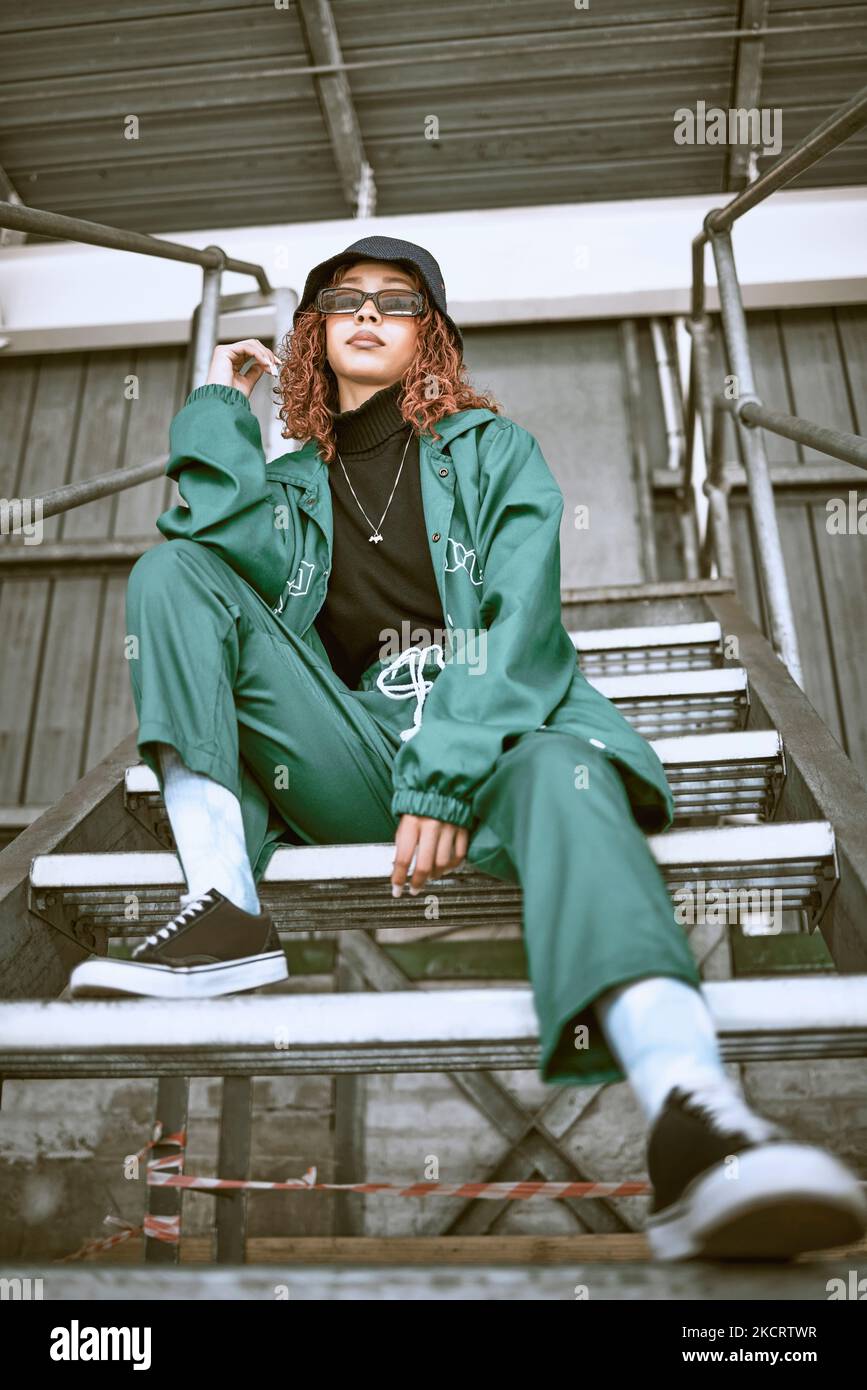 Woman, street fashion and model in city for trendy gen z portrait ...