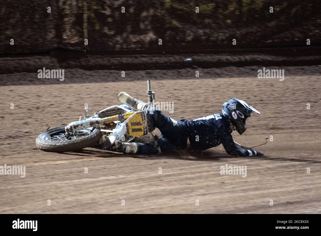 Gary Birtwistle (11) falls during the Manchester Masters Sidecar ...