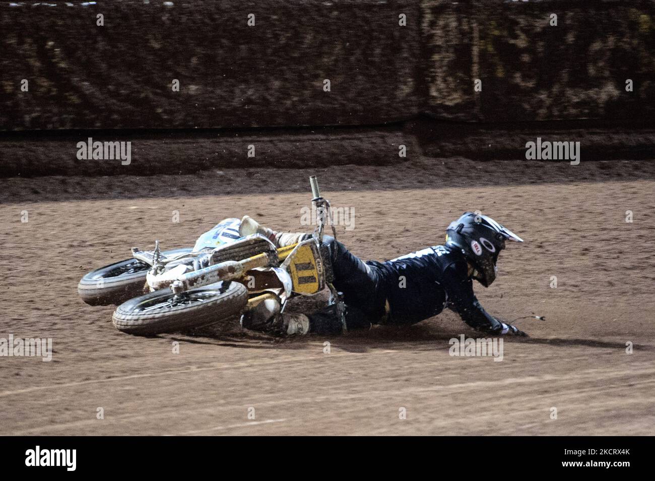 Gary Birtwistle (11) falls during the Manchester Masters Sidecar ...