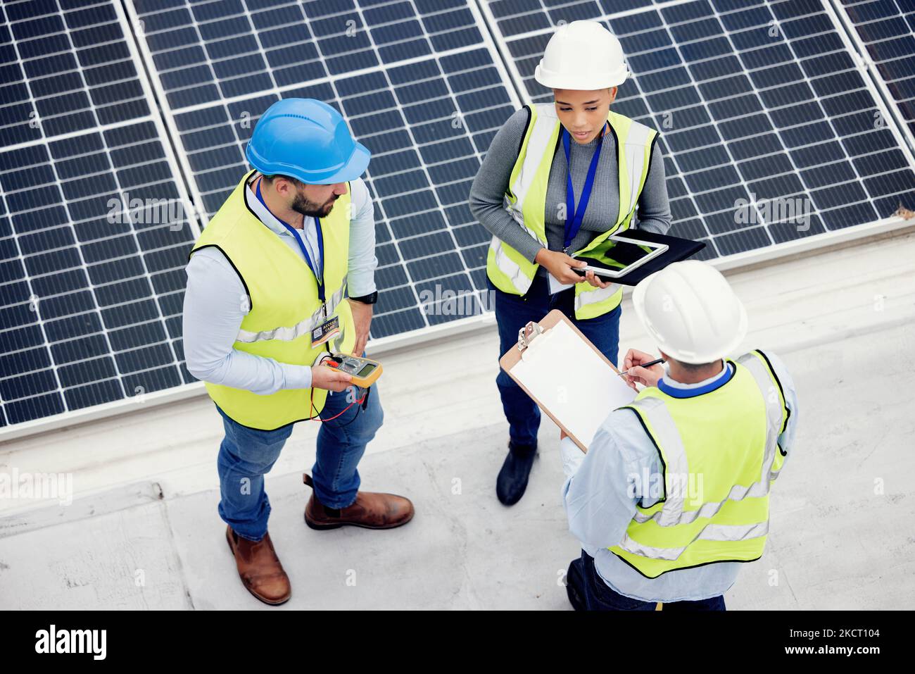 Top view, engineer teamwork and planning of solar panel maintenance ...