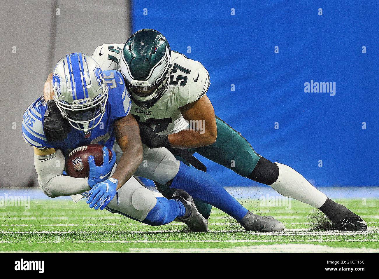 Philadelphia Eagles middle linebacker T.J. Edwards (57) tackles Detroit ...