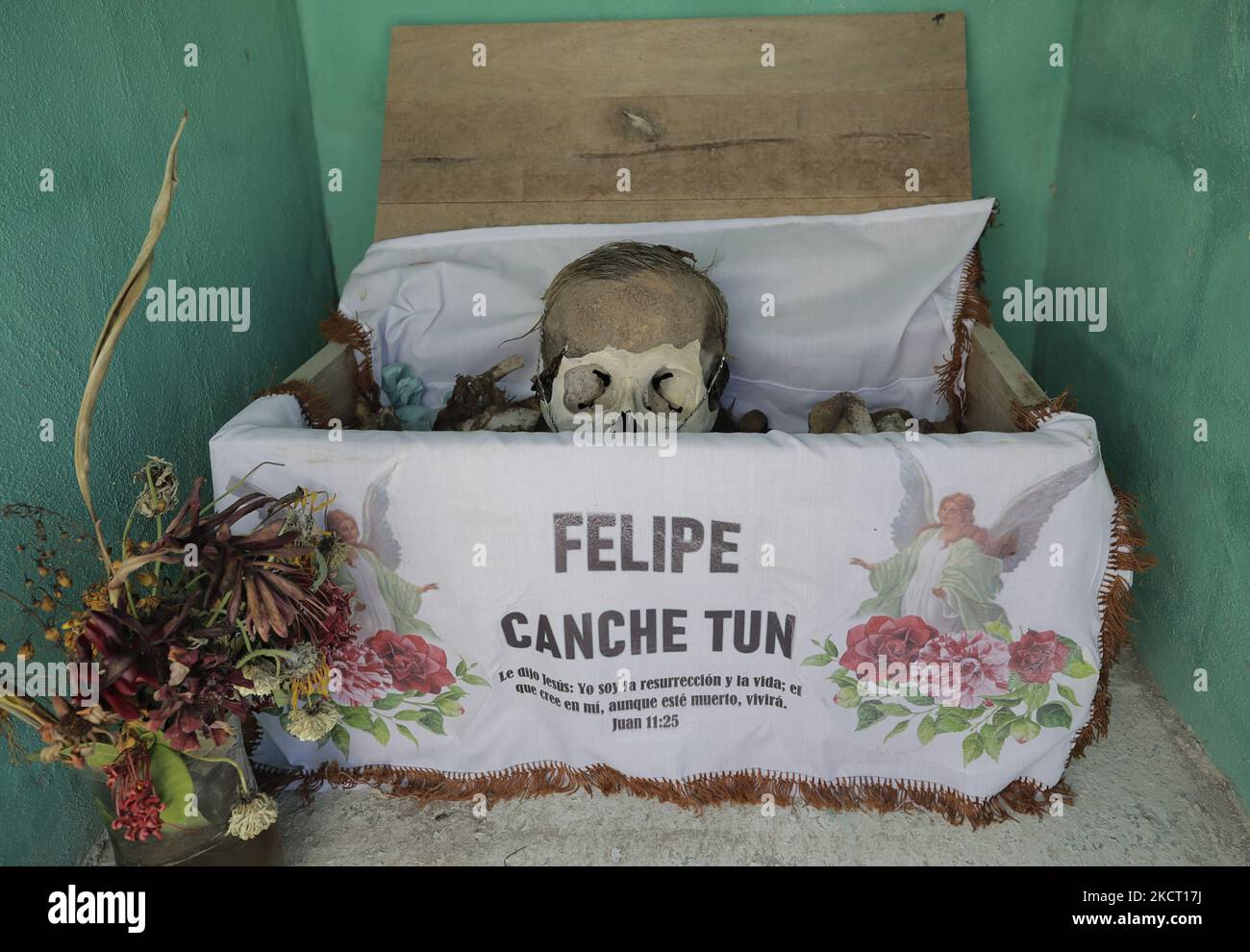 A skull inside a box in the cemetery of Pomuch, an indigenous Mayan ...