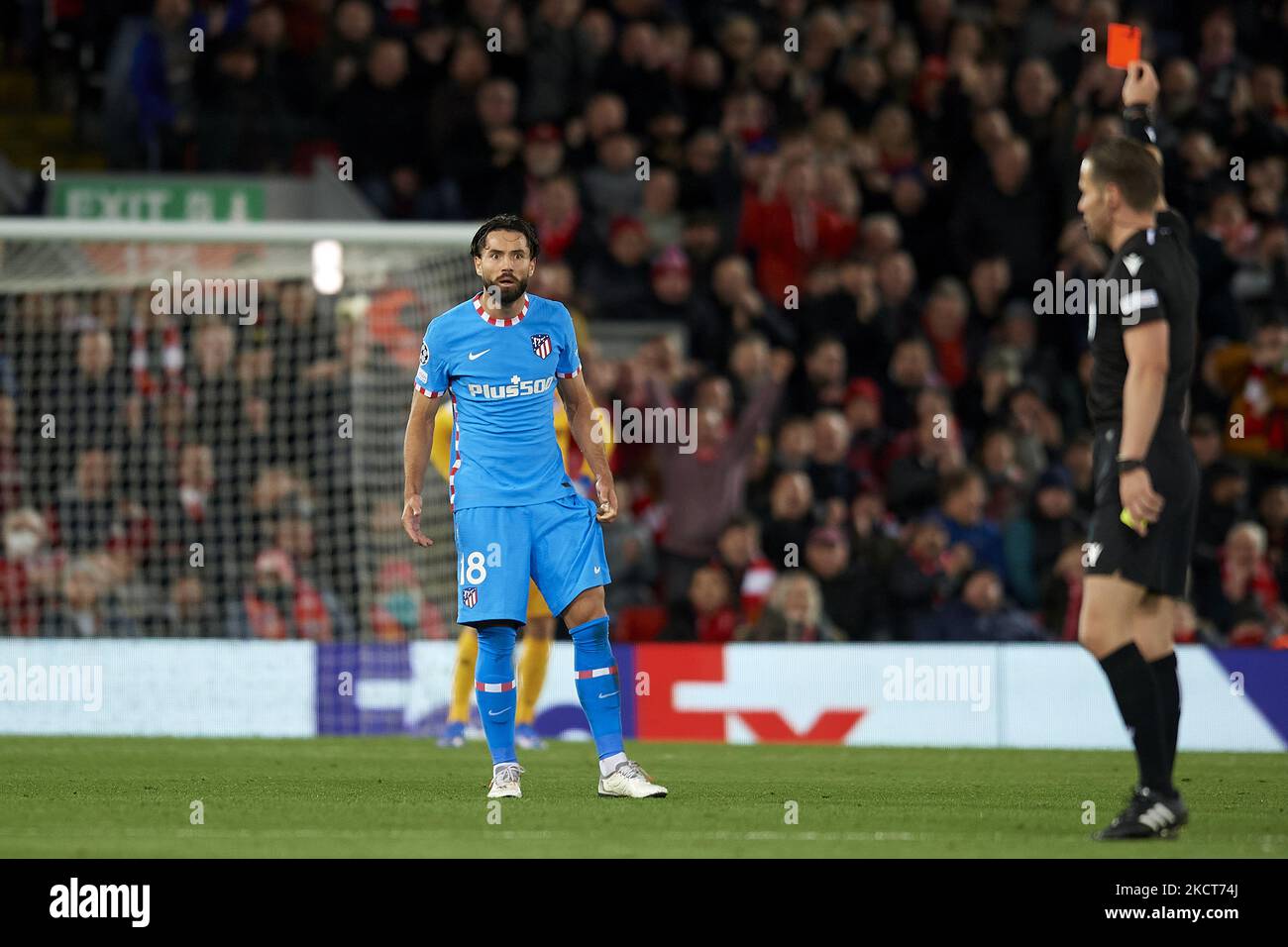 Felipe Monteiro of Atletico Madrid is shown a red card during the UEFA ...