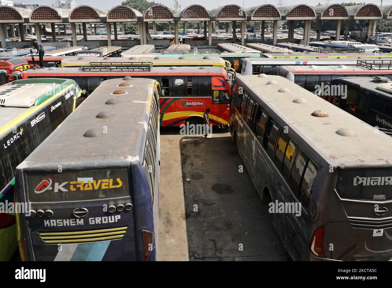 Buses are seen kept inside a bus terminal in Dhaka, Bangladesh on ...