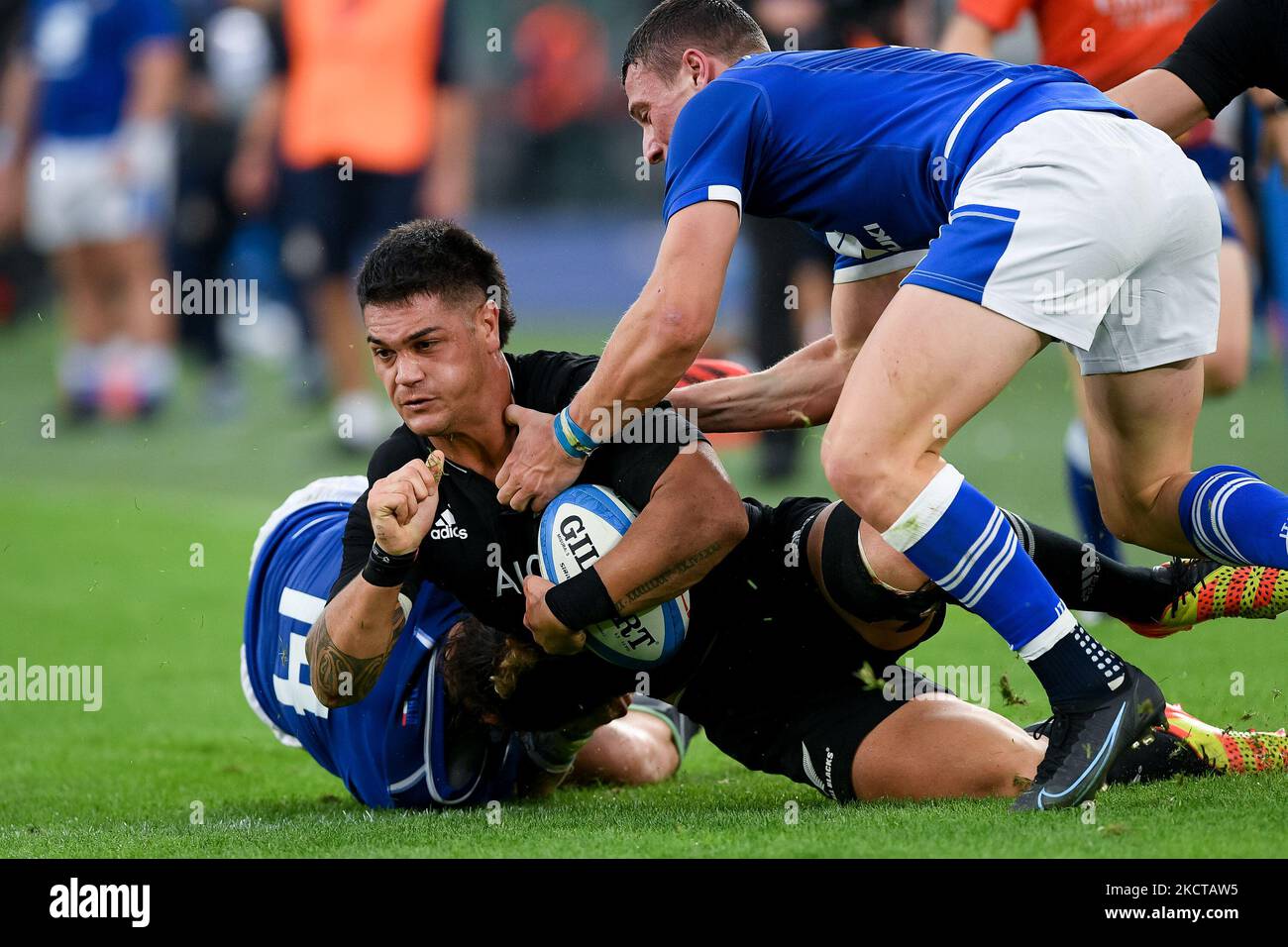 Quinn Tupaea of New Zealand All Blacks scores a try during the Autumn ...