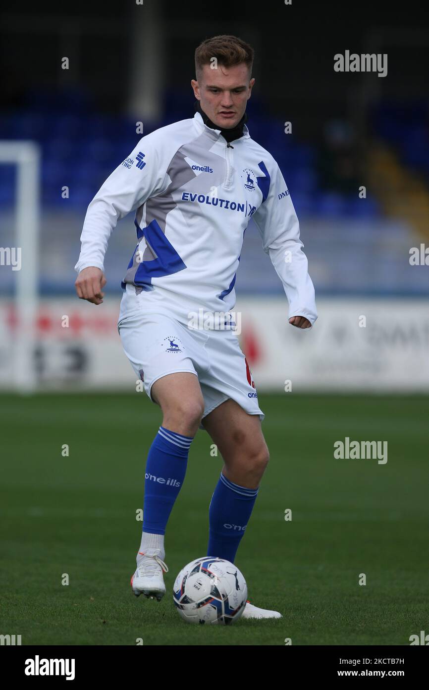 Mark Shelton of Hartlepool United warms up during the FA Cup match ...
