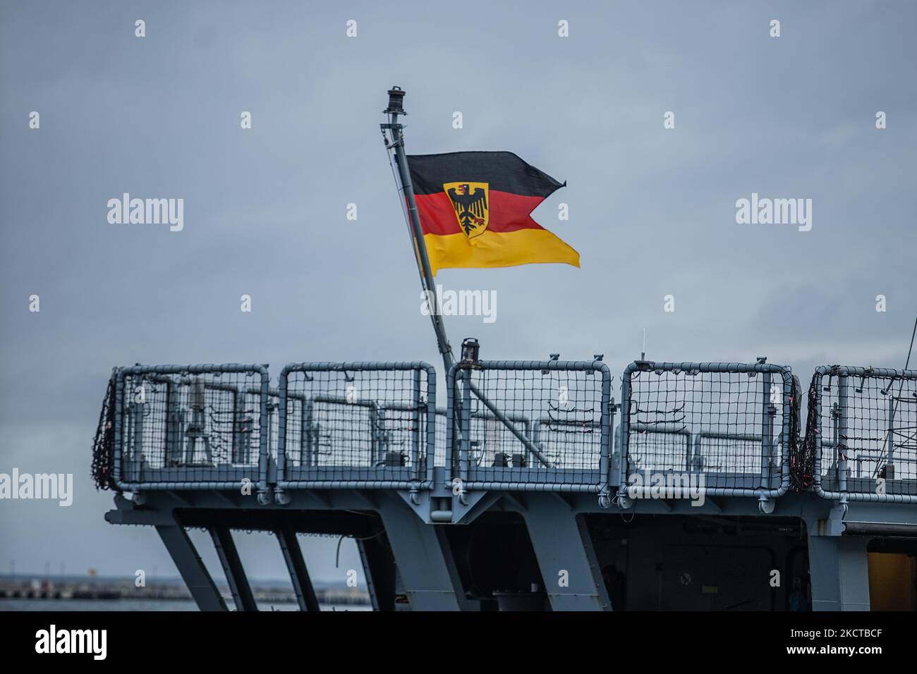 German flag on the wind at the Elbe-class replenishment ship (tender ...