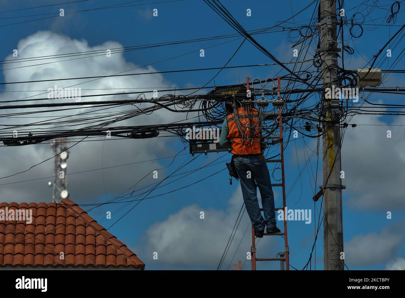 A technician checking a power line pole with a huge amount of electric ...