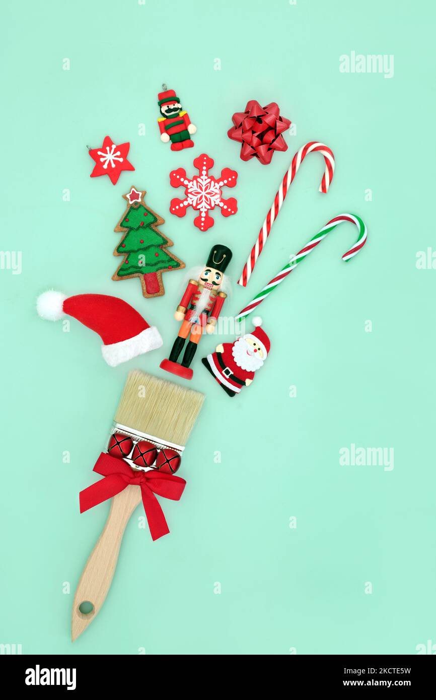 Christmas abstract paintbrush splash concept with tree decorations on ...