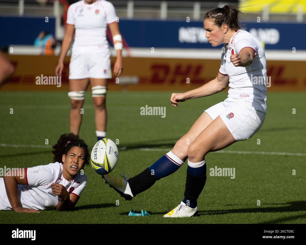 England's Emily Scarratt kicks a penalty during the national anthems ...