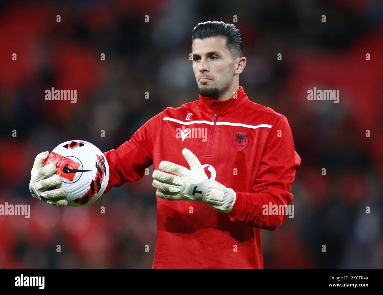 Gentian Selmani of Albania during the pre-match warm-up during World ...