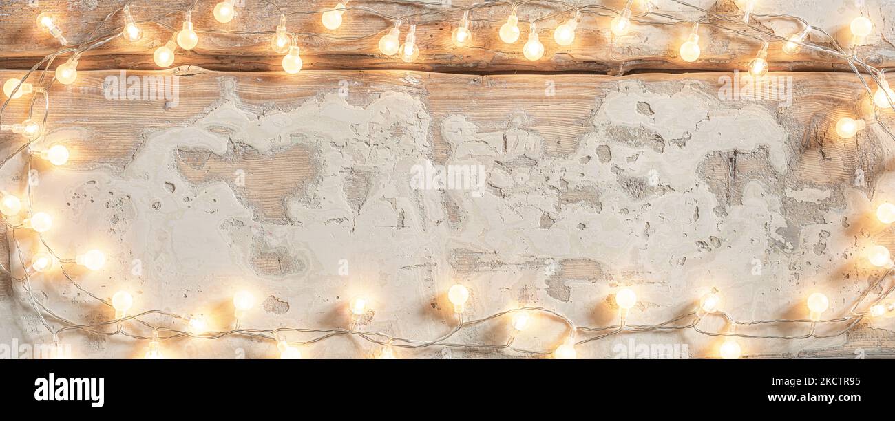 Old vintage white wooden plank with Christmas lights texture background ...