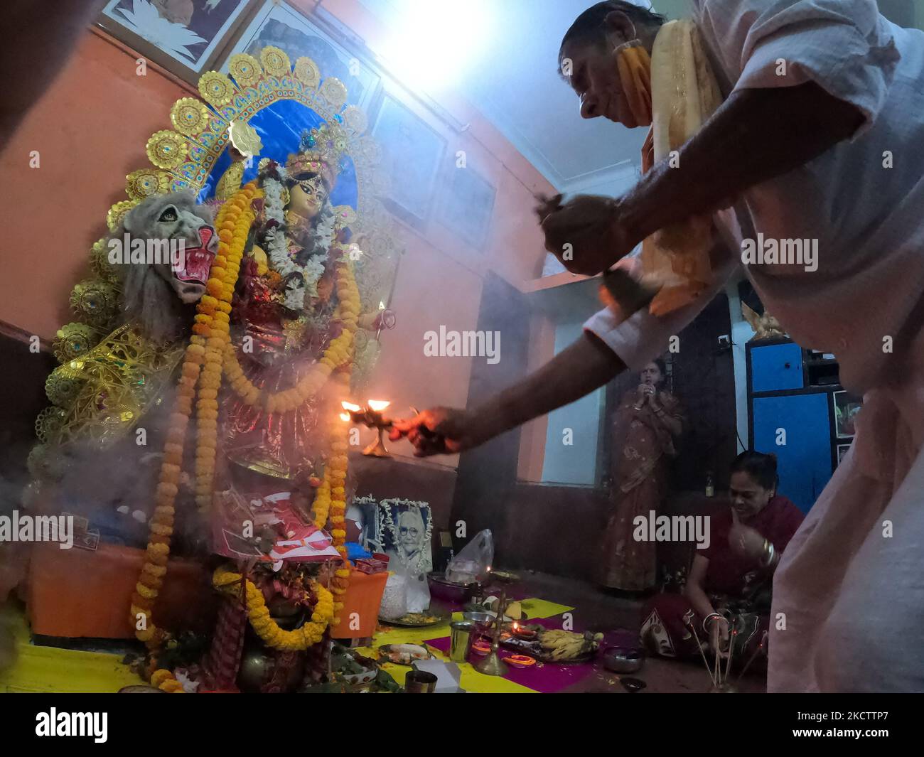 Hindu goddess Jagaddhatri idol at the moment of Sandhya Arati ritual at ... Hindu goddess Jagaddhatri idol at the moment of Sandhya Arati ritual at ...