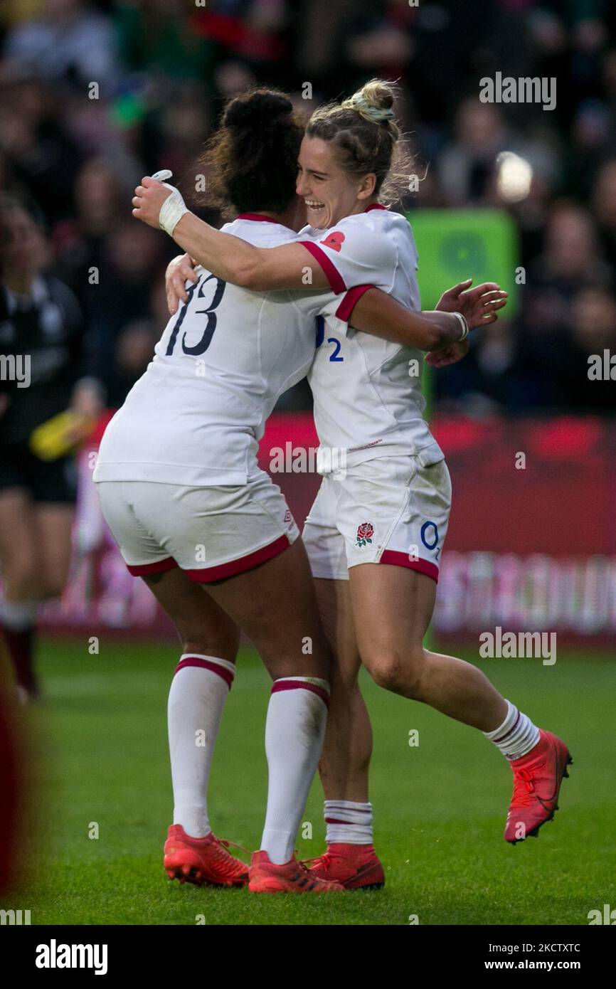Claudia MacDonald of England celebrates after scoring during the ...