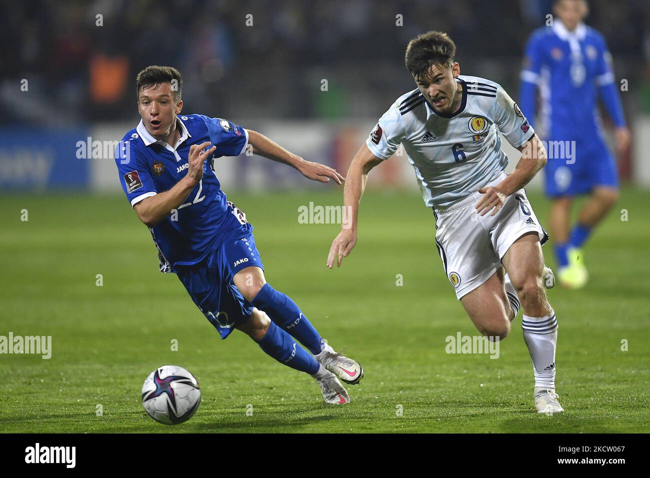 Kieran Tierney and Vadim Rata in action during the Fifa World Cup 2022 ...