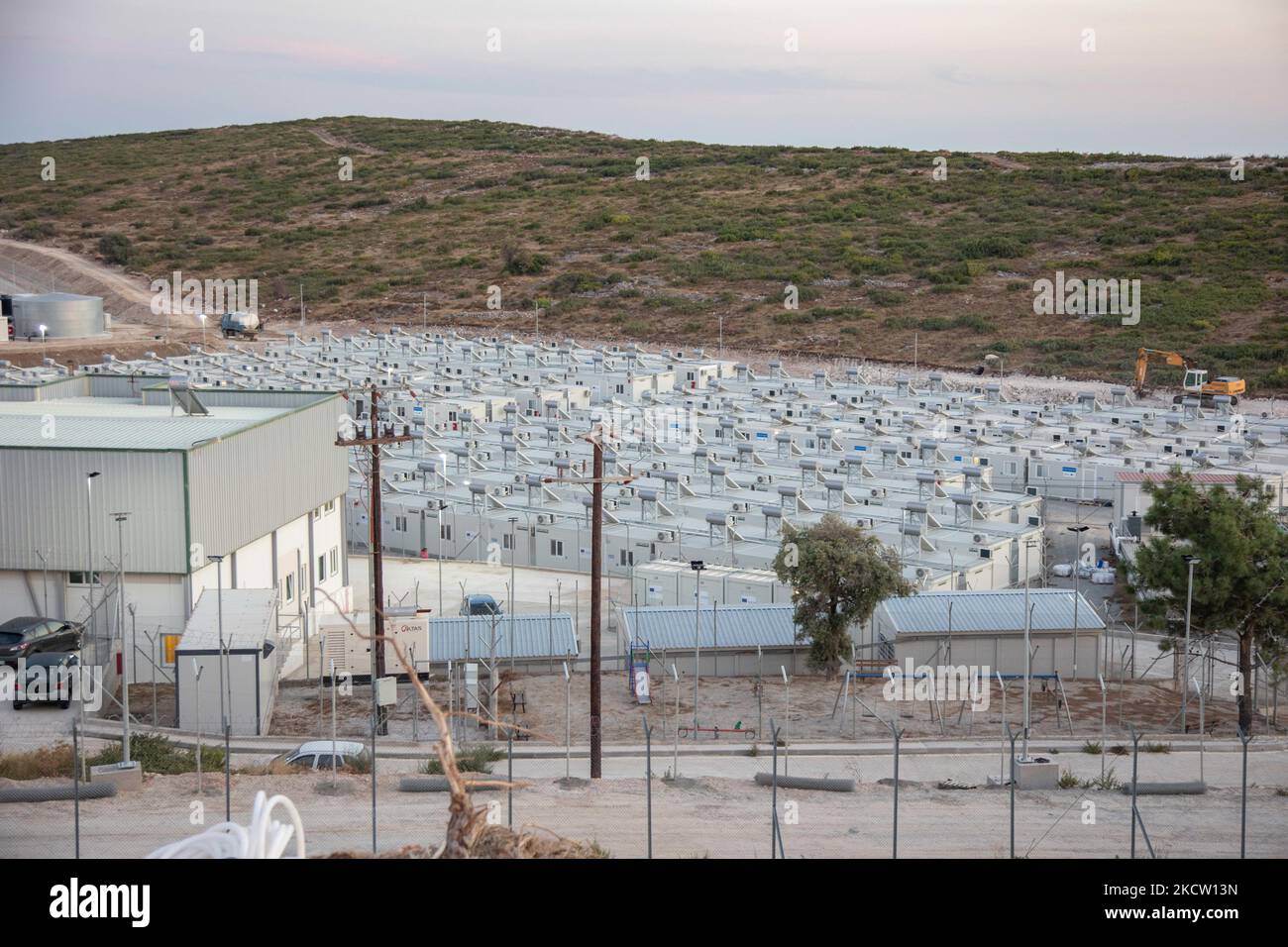Panoramic view of the new camp. Evening sunset time outside of the ...