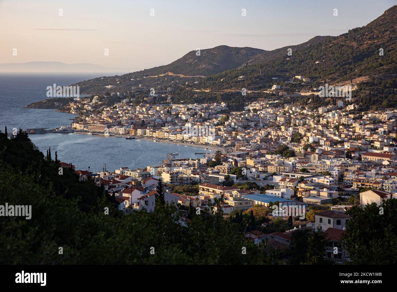 Panoramic view of Samos town, a natural sea harbor, the port town and ...