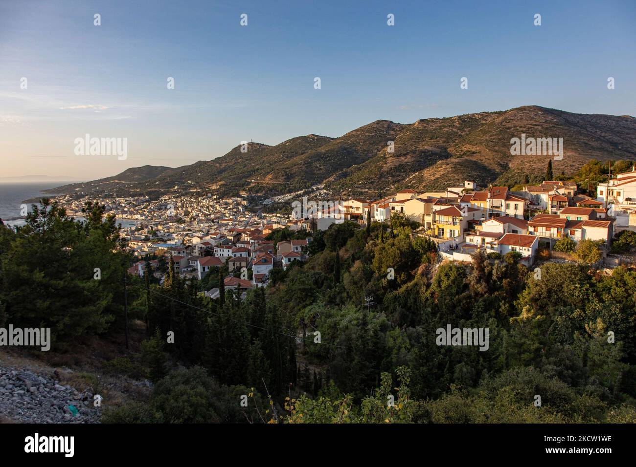 Panoramic view of Samos town, a natural sea harbor, the port town and ...