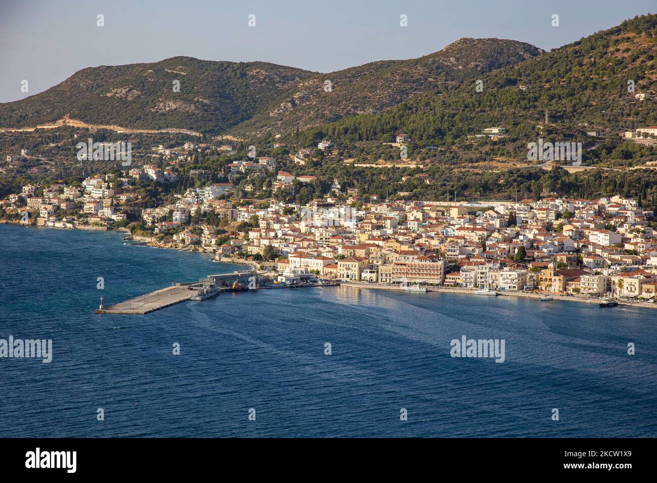Panoramic view of Samos town, a natural sea harbor, the port town and ...