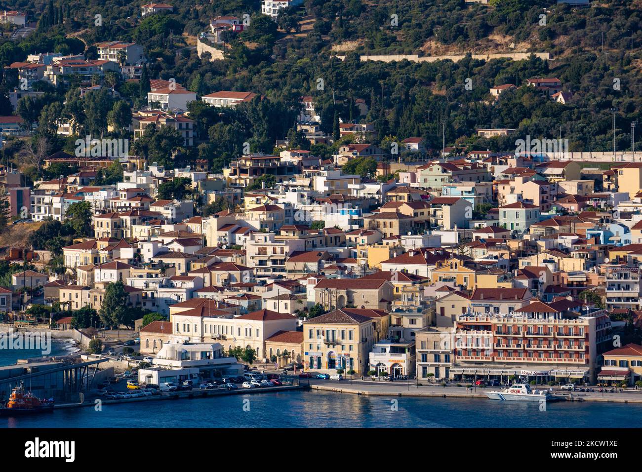 Panoramic view of Samos town, a natural sea harbor, the port town and ...
