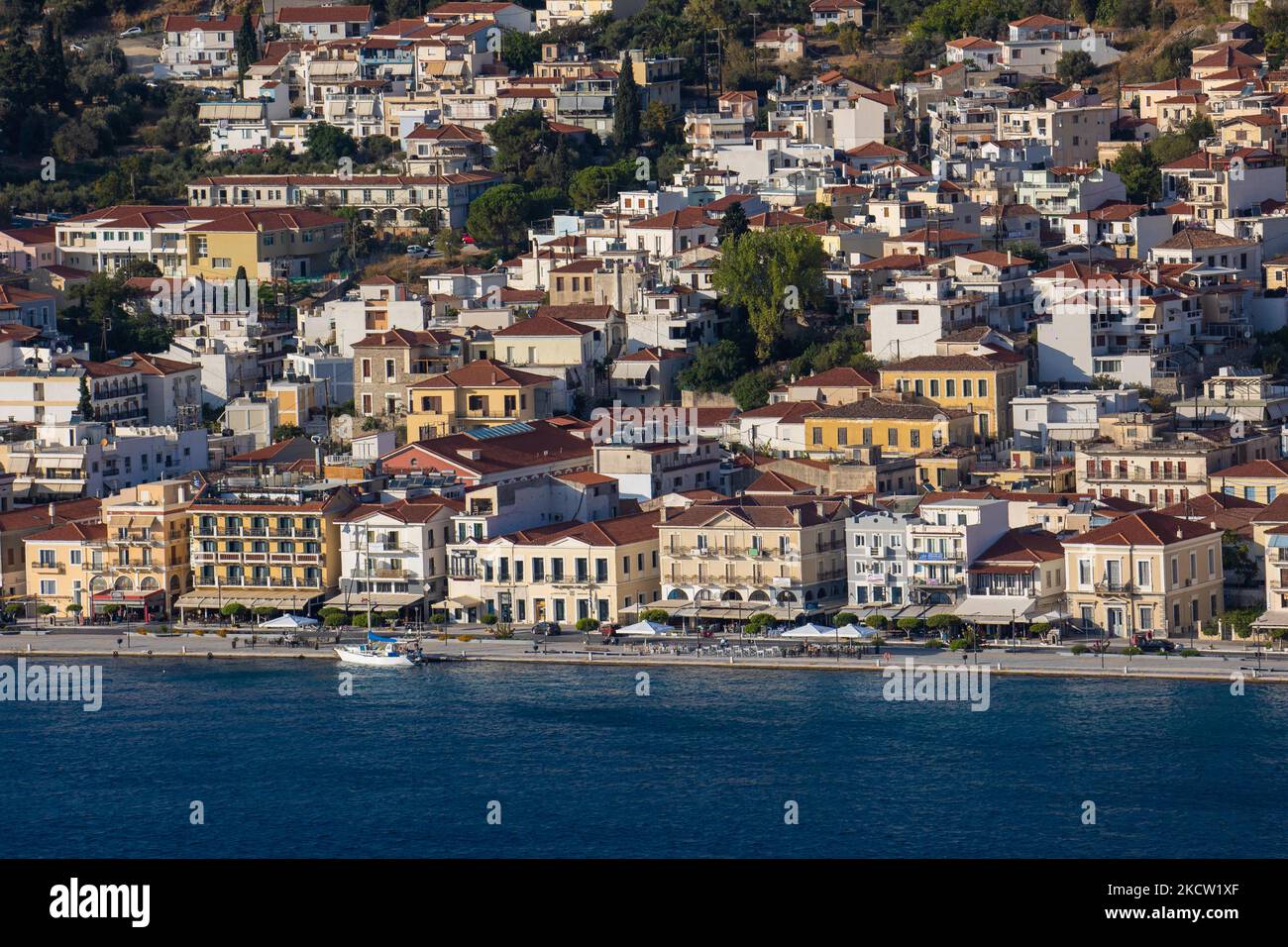 Panoramic view of Samos town, a natural sea harbor, the port town and ...