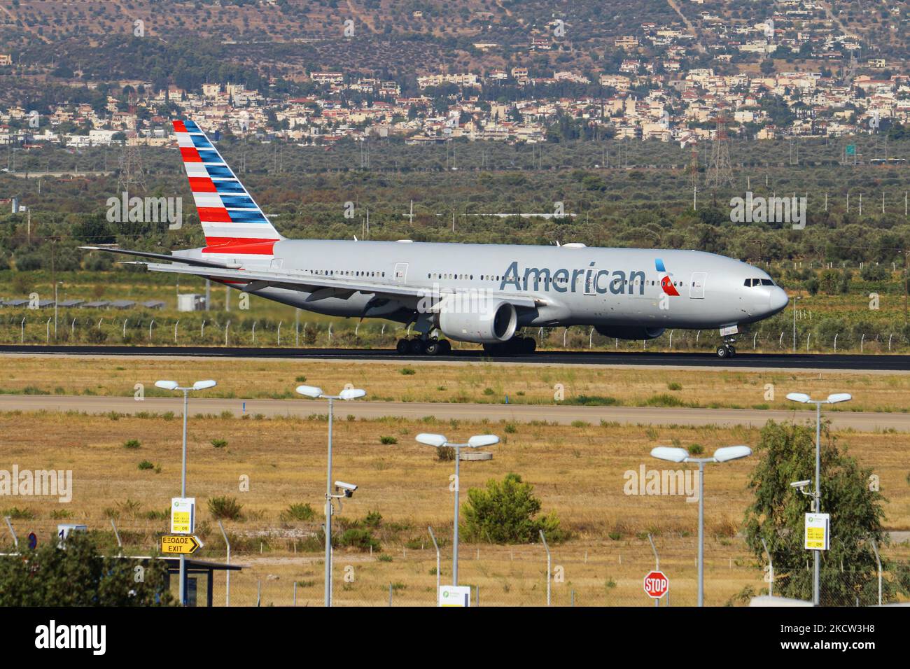 American Airlines Boeing 777-200 aircraft as seen taxiing after landing ...