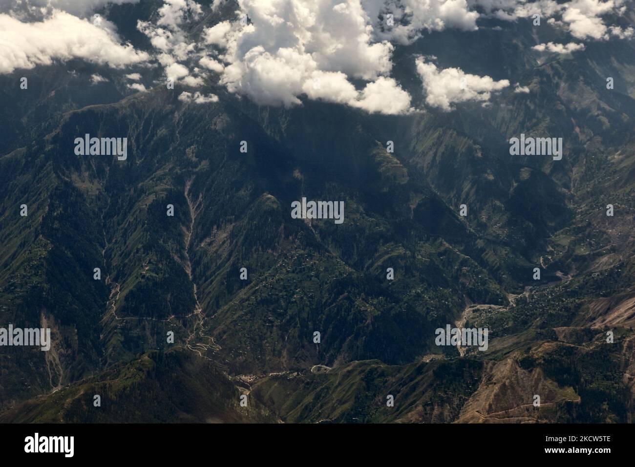 Aerial view of the Himalayan Mountains and landscape of Kashmir, India ...