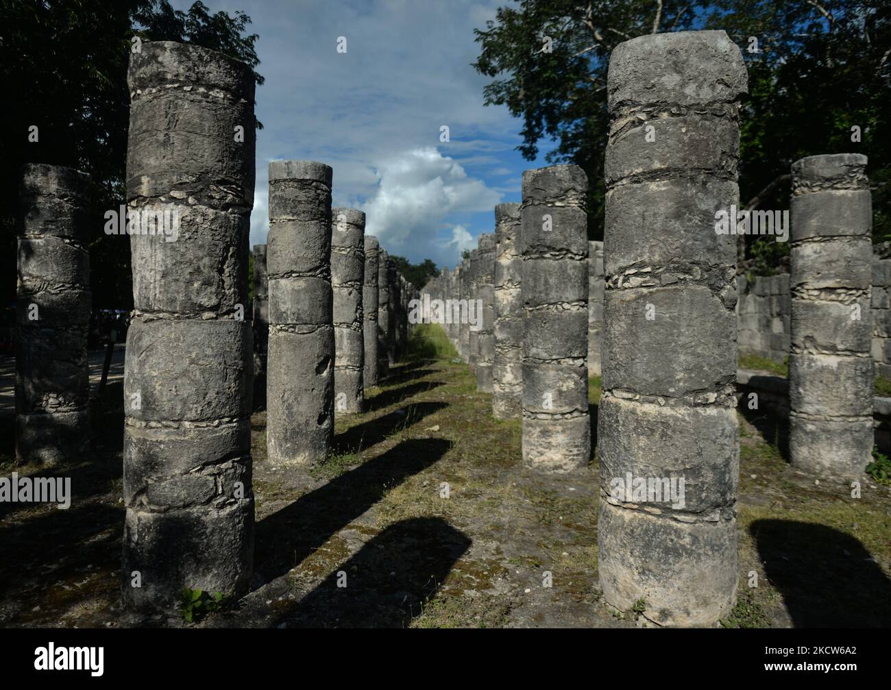 Columns in the Temple of a Thousand Warriors inside the archaeological ...