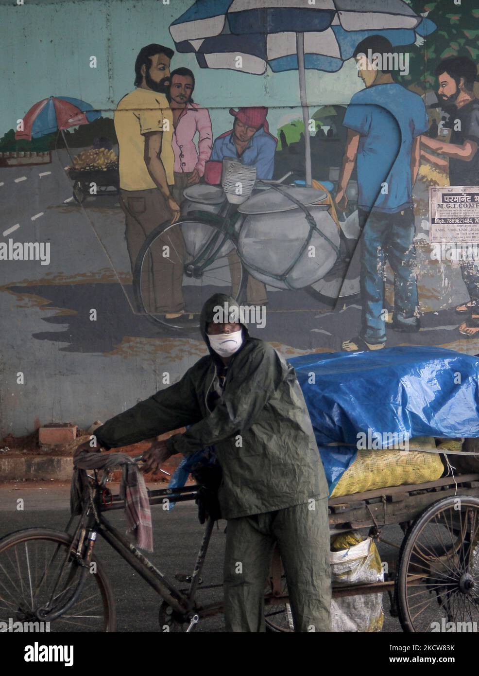 A trolley rickshaw puller wears protective mask as he is seen at the ...