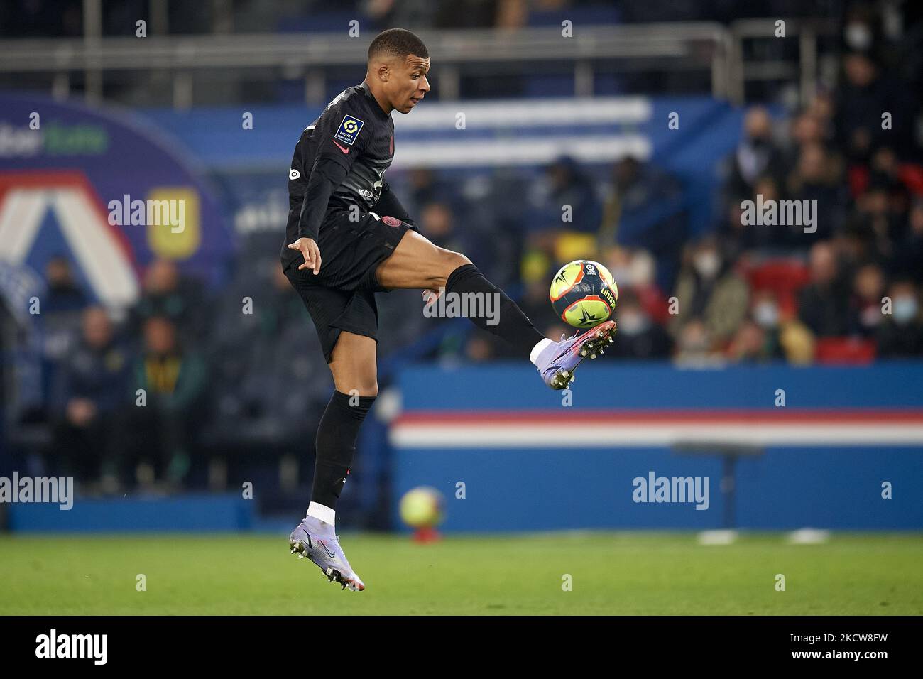 Kylian Mbappe of PSG controls the ball during the Ligue 1 Uber Eats ...