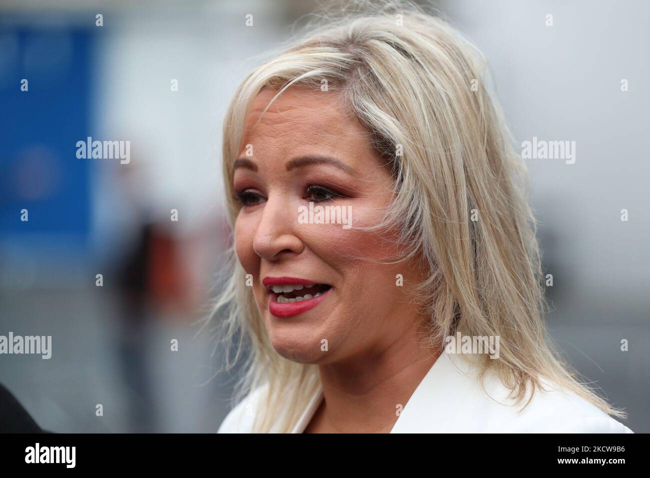 Sinn Fein vice president Michelle O'Neill speaks to the media at the ...