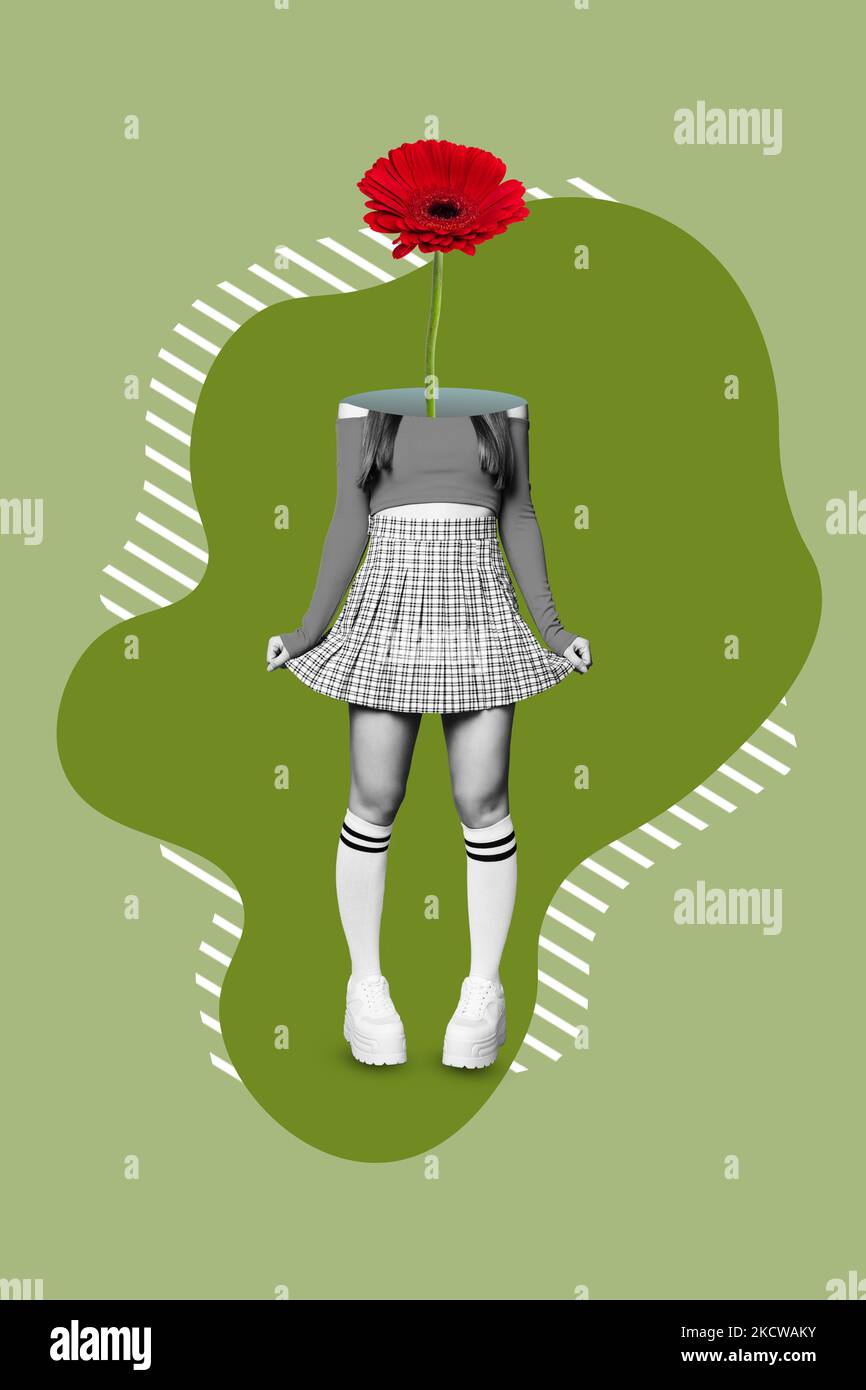 Vertical creative photo collage of young slim nice cute girl hands hold ...