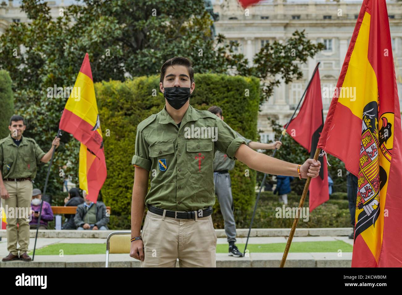 Supporter of Franco, the last dictator in Spain, holds the fascist ...