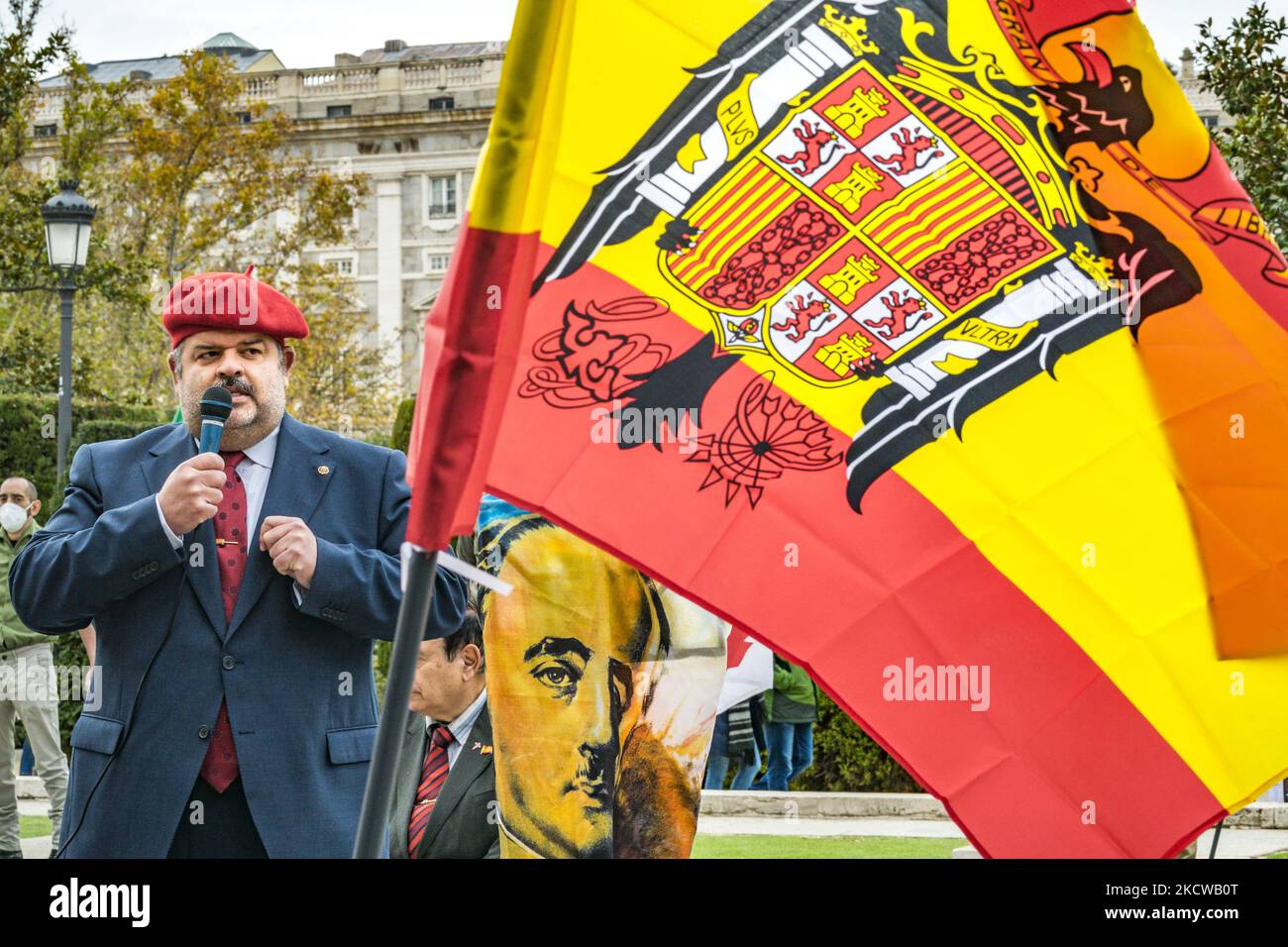 Supporter of Franco, the last dictator in Spain, gives a speech during ...