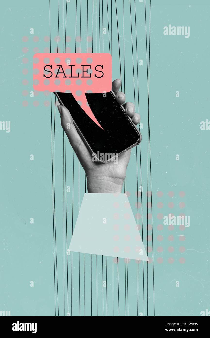 Vertical creative photo illustration collage of hand hold smartphone ...