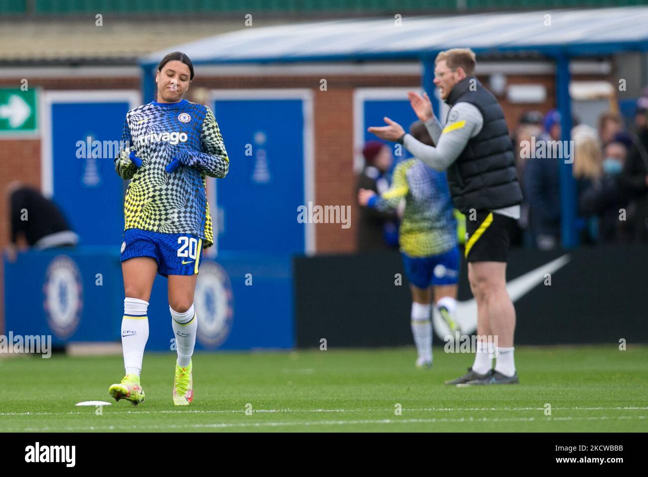 Chelsea squad warms up during the 2021-22 FA Womens Superleague fixture ...