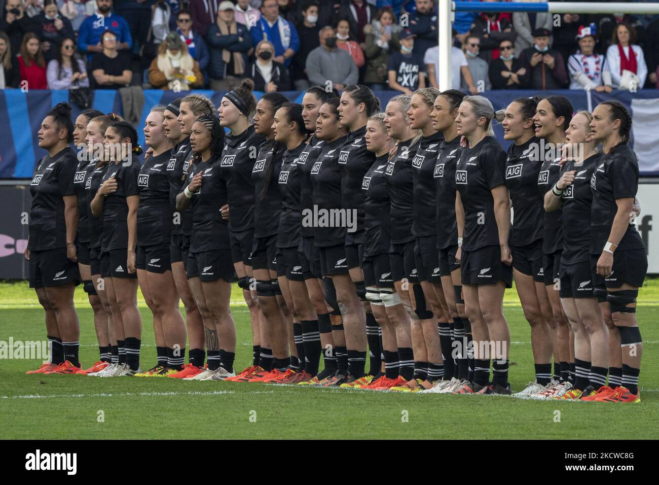 the Black Ferns team during the New Zealand anthem during the Women's ...